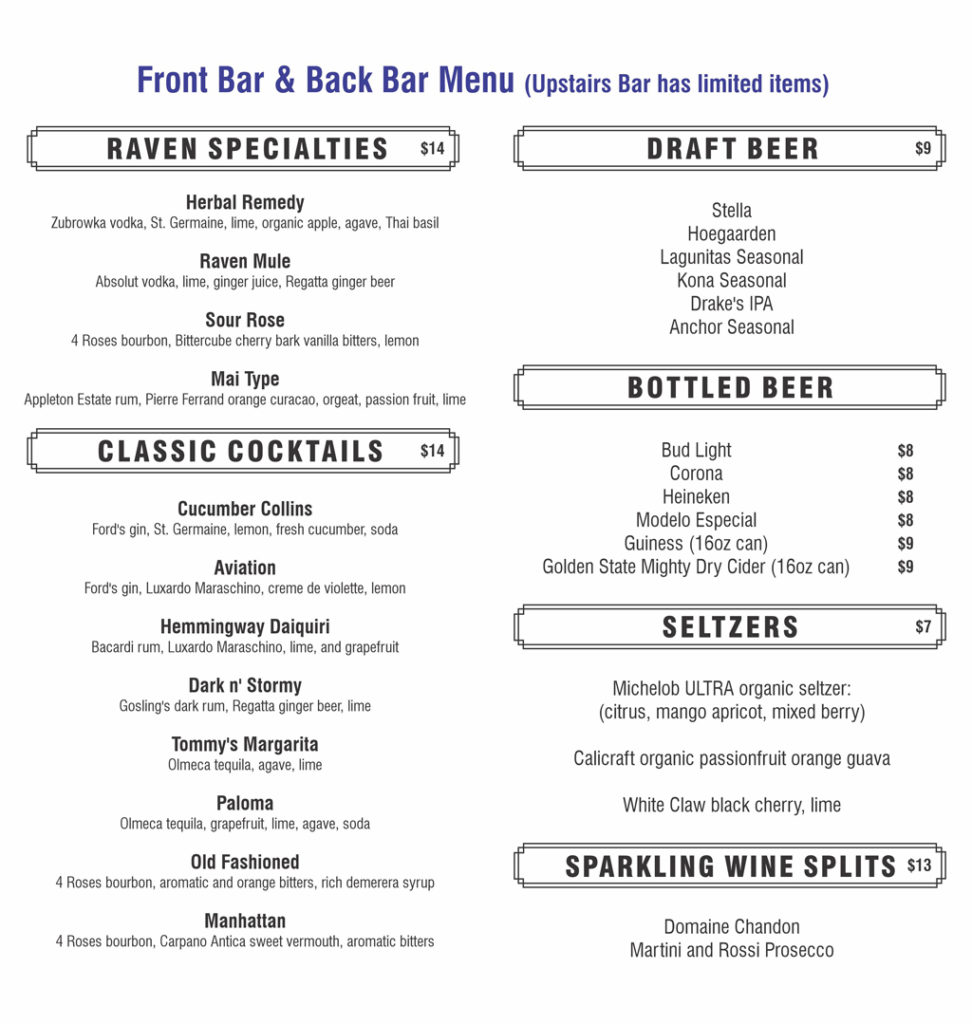 Bar Menu - Raven Bar Raven Bar