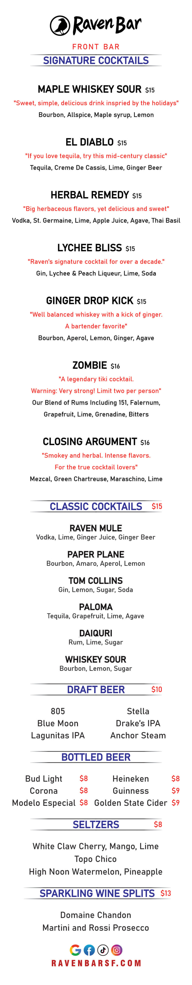 Downstairs Bar Menu - Raven Bar Raven Bar