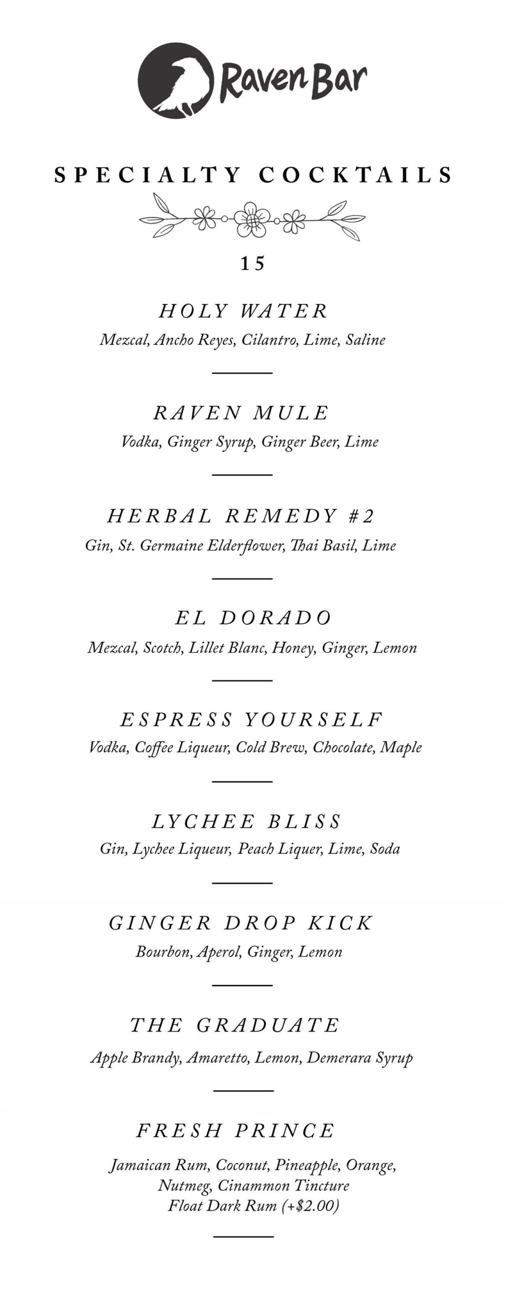 Downstairs Bar Menu - Raven Bar Raven Bar