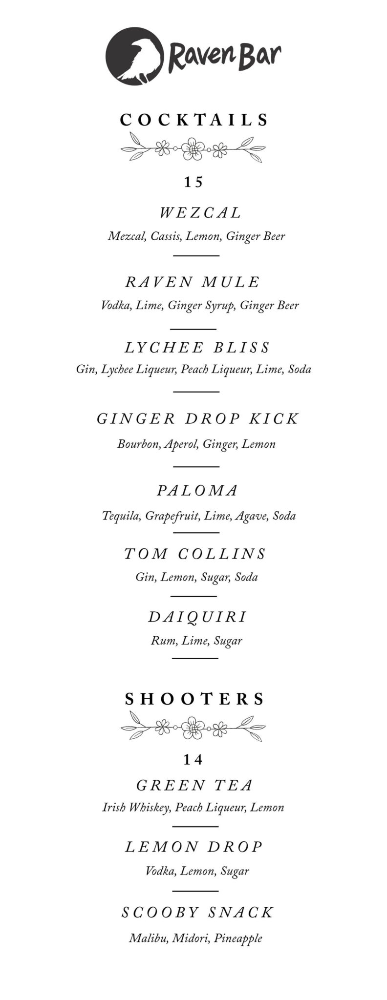 Upstairs Bar Menu - Raven Bar Raven Bar