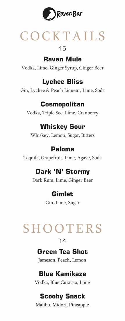 Upstairs Bar Menu - Raven Bar Raven Bar